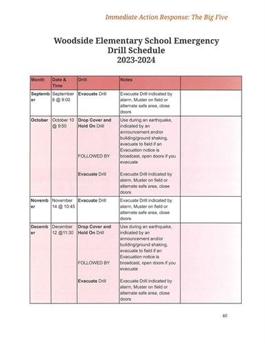 Woodside School District - Safety & Emergency Plans & Drill Schedule